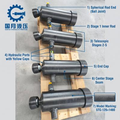 China Guoyue Hydraulics 5TG Series 5-Stage Double-Acting Telescopic Hydraulic Cylinder for Lift Truck — 129mm Outer Bore, Ball Joint Rod End, Up to 1480mm Stroke Per Stage for sale