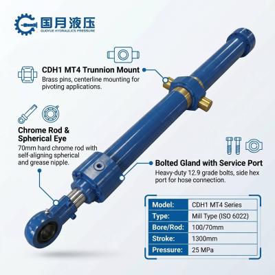 China Guoyue Hydraulics CDH1 MT4 Mill-Type Double-Acting Hydraulic Cylinder — 100mm Bore × 70mm Rod × 1300mm Stroke, Trunnion Mount, Rexroth CDH1 Compatible, 25 MPa for sale