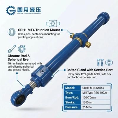 China Double-Acting Hydraulic Cylinder with Trunnion Mount and 100mm Bore for Heavy Duty Applications for sale