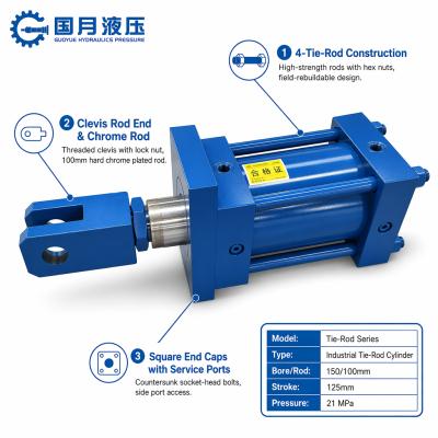 China Guoyue Hydraulics Industrial Tie-Rod Hydraulic Cylinder — 150mm Bore × 100mm Rod × 125mm Stroke, 4-Tie-Rod Construction, Clevis Mount, Double-Acting, 21 MPa for sale