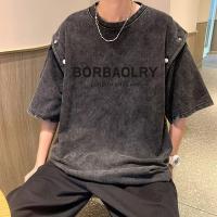 China Vintage Detachable Short Sleeve T-Shirt Men Loose Heavy Cotton Acid Wash 170-280G Summer Trend for sale