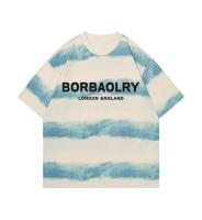China Wholesale 220g Cotton T-Shirt Men Casual Loose Striped Tie-Dye Dropped Shoulders Round Neck Short Sleeve for sale