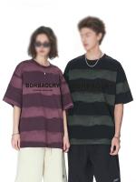 China Wholesale 220g Cotton T-Shirt Men Casual Loose Striped Tie-Dye Dropped Shoulders Round Neck Short Sleeve for sale