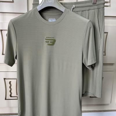 China Custom Men Olive Green Cotton Sports Set Short Sleeve T Shirt Pants 170 230g Breathable Fabric for sale