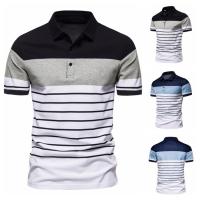China Men's Striped Patchwork Color Contrast Short Sleeve Polo Shirt 100% Cotton 170-230G for sale
