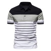 China Men's Striped Patchwork Color Contrast Short Sleeve Polo Shirt 100% Cotton 170-230G for sale
