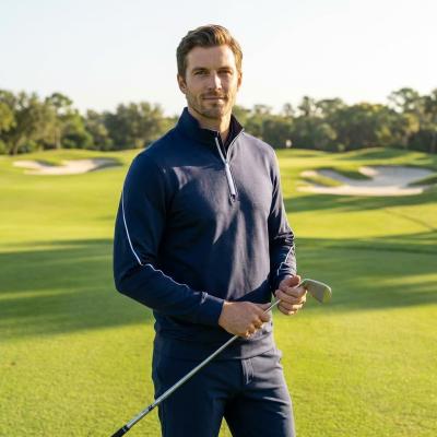 China Custom Logo Navy Blue Knitted 100% Cotton Men Tracksuit 2 Piece Set Quarter Zip Sweatshirt Contrast Sweatsuit ODM for sale