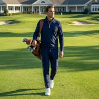 China Custom Logo Navy Blue Knitted 100% Cotton Men Tracksuit 2 Piece Set Quarter Zip Sweatshirt Contrast Sweatsuit ODM for sale