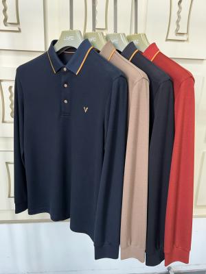 China Luxury Men Long Sleeve Polo Shirt 100% Cotton Contrast Collar Embroidered Logo Business Casual for sale