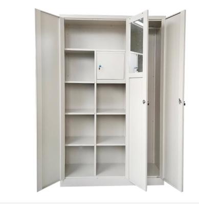 China Beige 3 Door Steel Armoire Closet H1850xW1100xD450mm KD Wardrobe with Mirror for sale