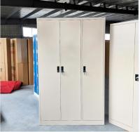 China Beige 3 Door Steel Armoire Closet H1850xW1100xD450mm KD Wardrobe with Mirror for sale