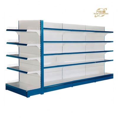 China Tianjin Wan Hongxin Supplier Metal Supermarket Shelves Lozier Gondola Shelving Shop Racks With Good Selling for sale