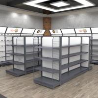 China 4 sided white black color advertising display Guangdong customized wooden gondola metal supermarket shelf for sale