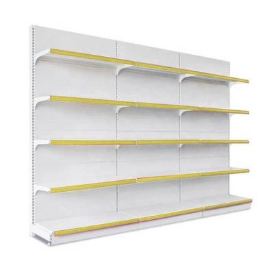 China Steel Double Side Store Gondola Grocery Shopping Shelf Used In Supermarket With Wire Mesh for sale