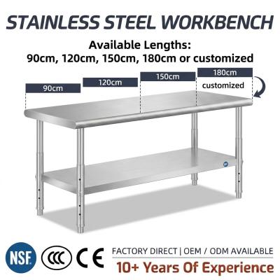 China Customizable 304 Stainless Steel Workbench with 500 kg/㎡ Load Capacity and Adjustable Height for Commercial Kitchens for sale