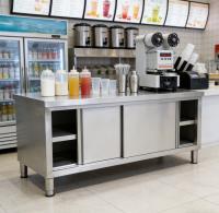 China Stainless Steel Workbench with 500 kg/㎡ Load Capacity Sliding Door Design and Polished Finish for Commercial Kitchen for sale