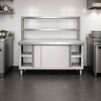 China Stainless Steel Work Table with 500 kg/㎡ Load Capacity and Sliding Door Design for Commercial Kitchen Workbench for sale