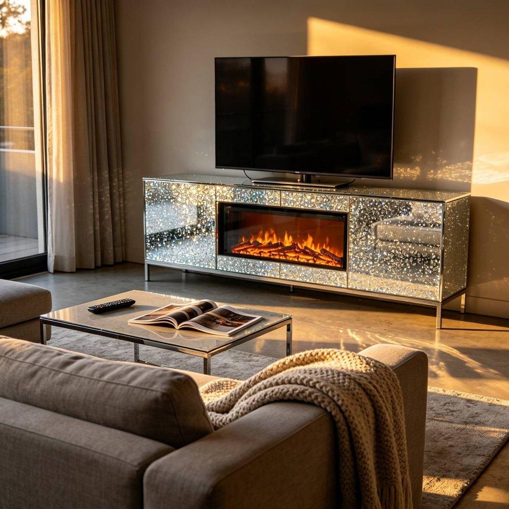 LYNX electric fireplace TV stand in a modern living room