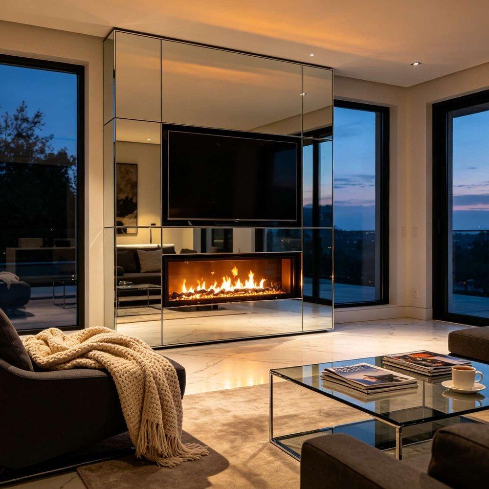 Luxury villa living room with mirrored fireplace TV stand