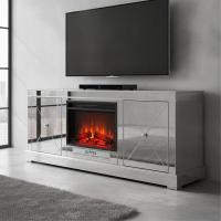 China JS-FP03 Super White Mirrored Glass Electric Fireplace TV Stand with 3D Realistic Flame Effect and Free-Standing Mantle Structure for sale