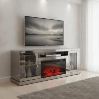 China JS-TV05 Smoke Grey Mirrored Glass Electric Fireplace TV Stand with Large 3D LED Flame Display and Extended Mantle Structure for sale