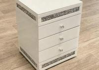 China White 3 Drawer Nightstand with Glass Top and Diamond Inlay Bedside Table for sale