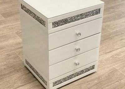 China White 3 Drawer Nightstand with Glass Top and Diamond Inlay Bedside Table for sale
