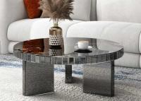China JS-CT09 Modern Coffee Table with Grey Marble Effect Glass and Mirrored Base Construction in Round Fluted Pedestal Design for sale