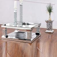 China JS-CT09 Modern Coffee Table with Grey Marble Effect Glass and Mirrored Base Construction in Round Fluted Pedestal Design for sale
