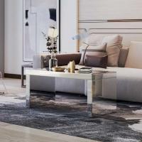 China JS-CT09 Modern Coffee Table with Grey Marble Effect Glass and Mirrored Base Construction in Round Fluted Pedestal Design for sale