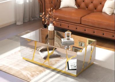 China Mirrored Block Glass Coffee Table with Unique Crackle Design and Silver Mirror Gold Painted MDF for sale