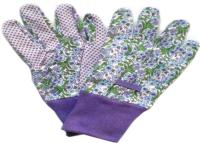 China Purple Printed Cotton Gardening Gloves with PVC Dots for Women 9.5 Inch for sale