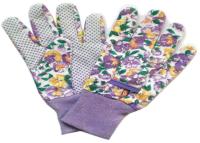 China Purple Printed Cotton Gardening Gloves with PVC Dots for Women 9.5 Inch for sale