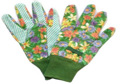 China Cotton Canvas Gardening Gloves 10oz Green Knit Wrist PVC Dot Grip Work Gloves for sale