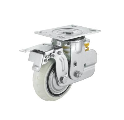 China Industrial Heavy Duty 5 Inch PU Spring Caster Wheel Swivel Brake Non Marking Floor Protection Casters for sale