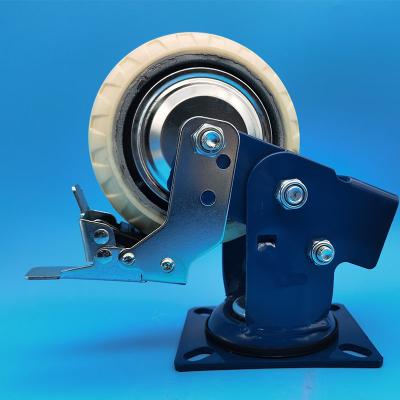 China Heavy Duty Industrial PU Casters 5 Inch Dual Spring Wheels Iron Core Load Bearing Castors for Port Cargo Freight Handling for sale