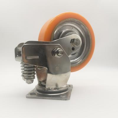 China Heavy Duty Caster Dual Spring Shock Absorption Stainless Steel Housing 6 Inch PU Wheel 500kg Load for sale