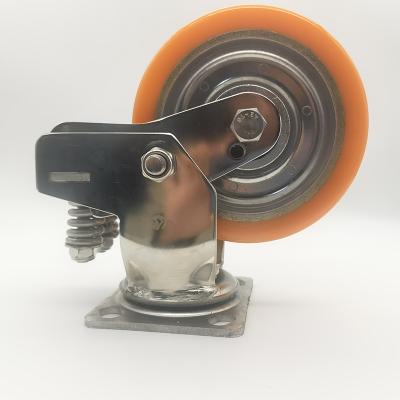 China 6 Inch Heavy Duty Caster 304 Stainless Steel Dual Spring Shock Absorption PU Wheel 500kg Load for sale