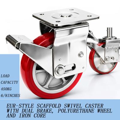 China European Style Scaffold Swivel Caster Dual Brake Heavy Duty 6 Inch 430kg Load Capacity Polyurethane Wheel for sale