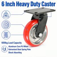 China 6 Inch Heavy Duty Swivel Caster Aluminum Core PU Wheel Spring Shock-Absorbing Plate  600kg Load Capacity for sale