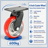 China 6 Inch Heavy Duty Swivel Caster Aluminum Core PU Wheel Spring Shock-Absorbing Plate  600kg Load Capacity for sale