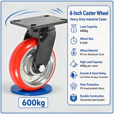 China 6 Inch Heavy Duty Swivel Caster Aluminum Core PU Wheel Spring Shock-Absorbing Plate  600kg Load Capacity for sale