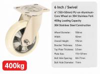 China 400 Kg Heavy Duty Loading Castors 6 Inch Swivel Caster PU Aluminum Core Wheel  304 Stainless Steel Fork for sale