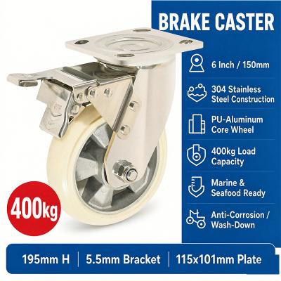 China 304 Stainless Steel Fork  400 Kg Heavy Duty  6 Inch Brake Lockable Caster Corrosion-resistant for sale