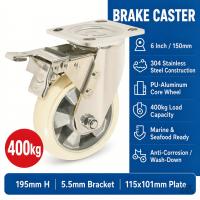 China Heavy Duty 6 Inch Stainless Steel 304 Caster Wheels with Aluminum Core PU 400kg Load Capacity Corrosion Resistant for Seafood  Marine Industry for sale