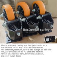 China 5 Inch Horizontal Spring Shock Absorbing Swivel Caster – Orange PU Plastic Core Wheel 250kg Load Cast Iron Bracket & Plate for sale