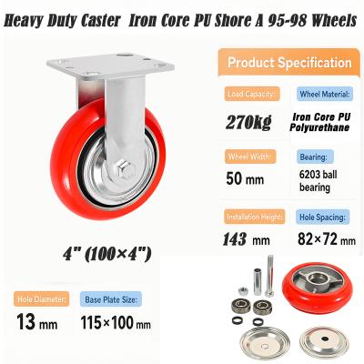 China 4 Inch Heavy Duty Iron Core Polyurethane PU Caster  270kg Load Top-plate 5.5mm steel bracket  maintenance cart. for sale