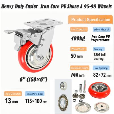 China 6 Inch Iron Core Polyurethane Caster 400kg Heavy Duty Rigid Caster No Spring 150mm Loading Cart Caster for sale