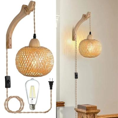 China Natural Rattan Wicker Hand-Woven  Bamboo Lantern Wall Lamp with plug  (WH-VR-136) for sale
