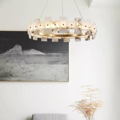 China Copper Ring Living Room Restaurant Hanging Lamp Round Natural Marble Chandelier Alabaster Halo Chandelier(WH-MI-483) for sale